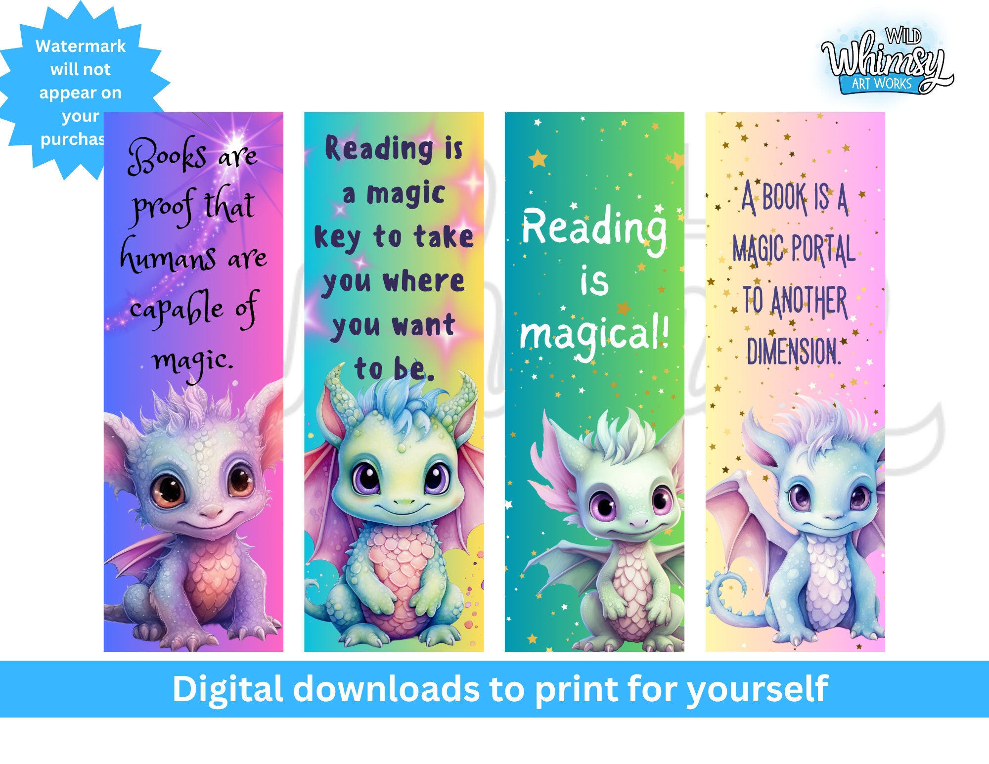 Set of 8 Printable Bookmarks 2x6: Reading is Magic! - Crafts, Dragons ...