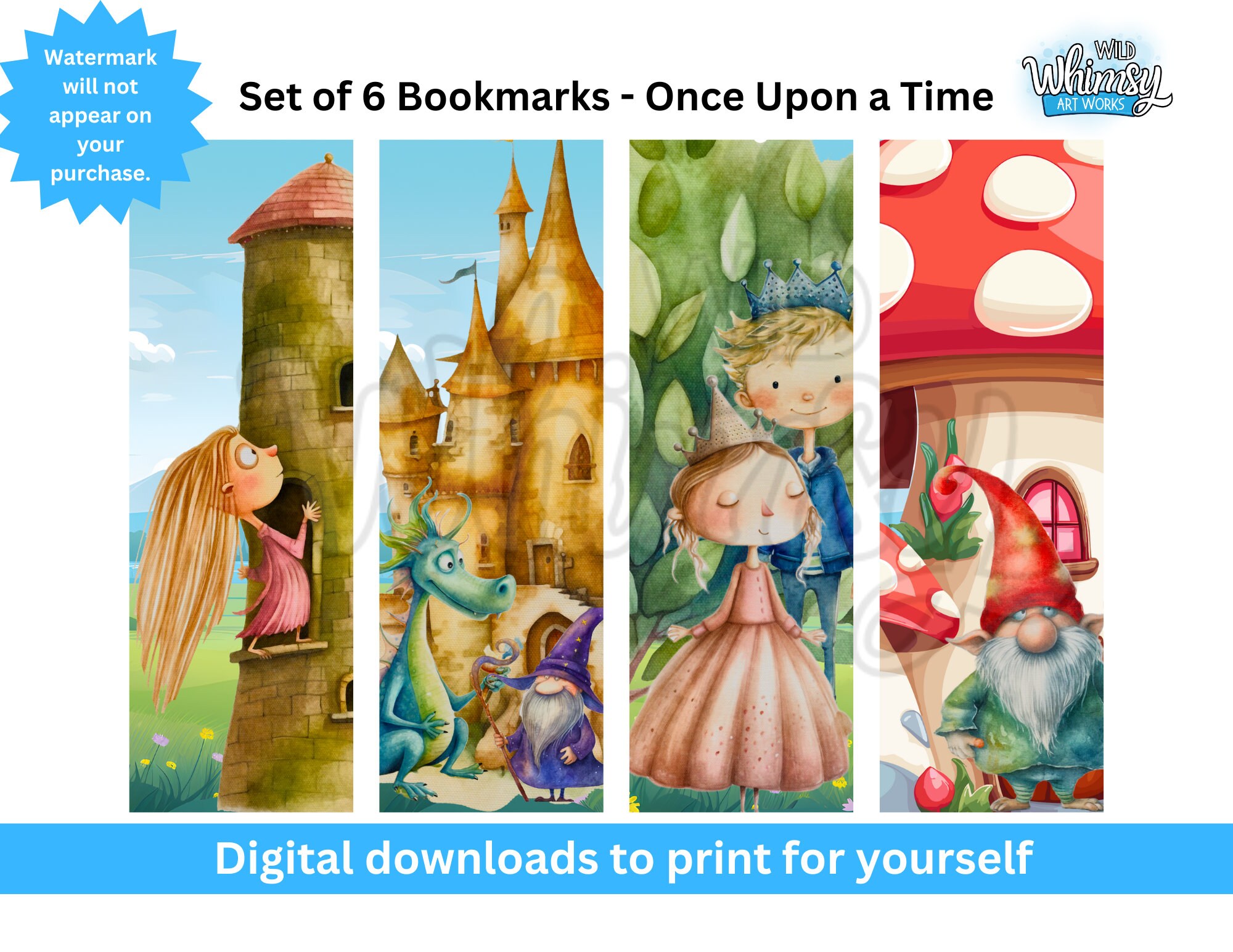 Set of 6 Printable Bookmarks (2x6): Once Upon a Time Story Book Theme ...