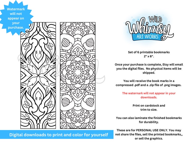 Set of 6 Printable Bookmarks to Color Yourself 2x6: Cool Floral Designs ...