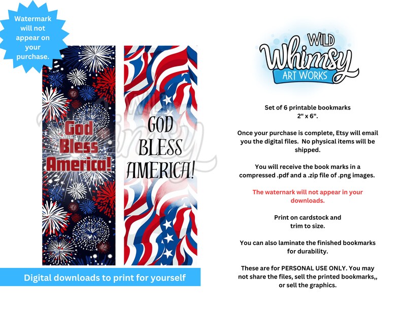 Set of 6 Printable Bookmarks 2x6: God Bless America, Patriotic, Red ...
