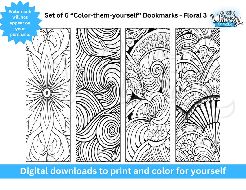 Set of 6 Printable Coloring Bookmarks 2x6: Funky Swirls and Florals ...