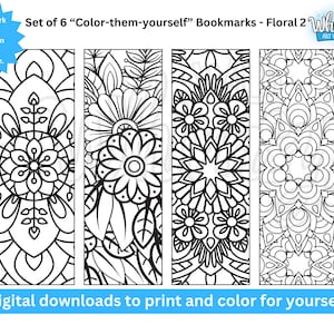 Set of 6 Printable Bookmarks to Color Yourself - 2x6: Cool Floral ...