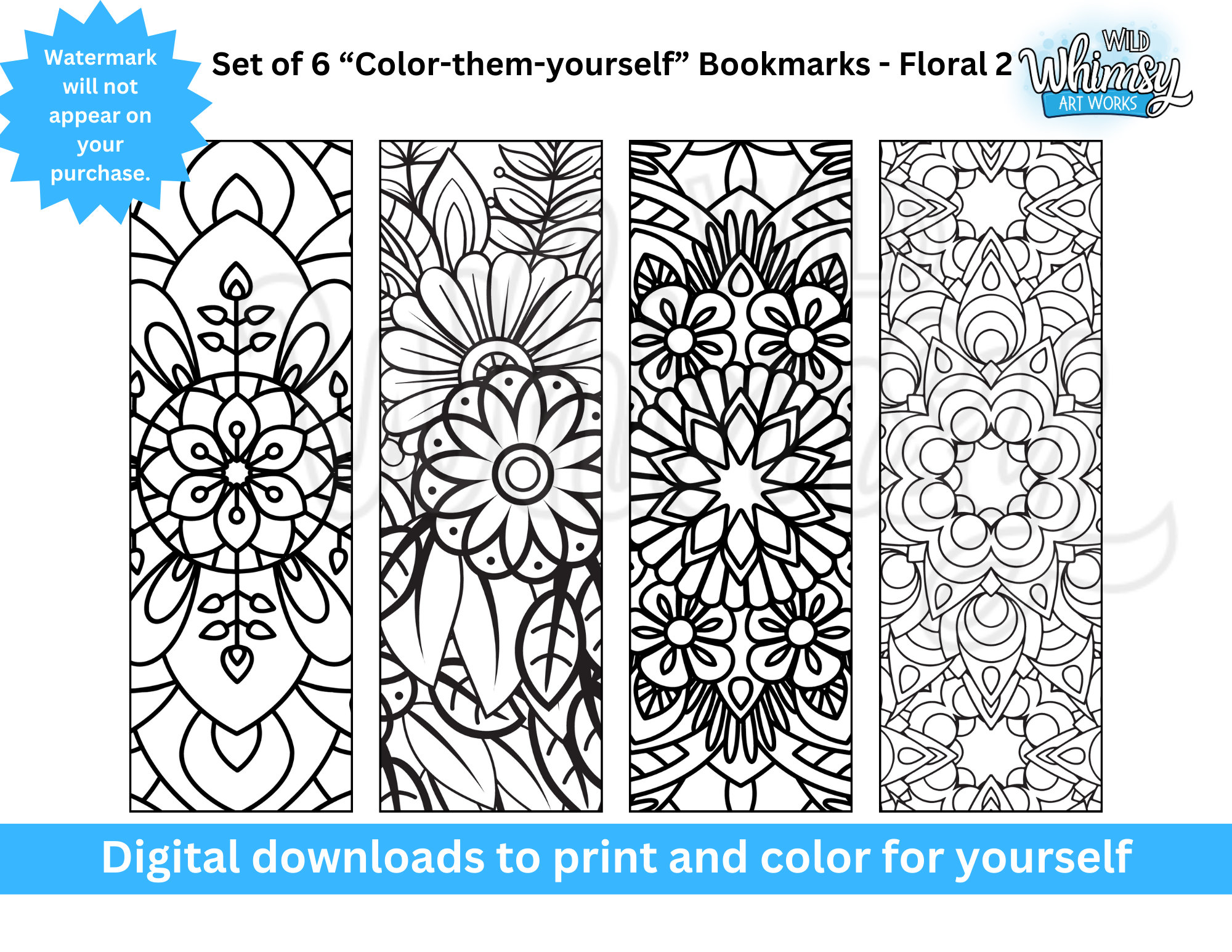 Set of 6 Printable Bookmarks to Color Yourself 2x6: Cool Floral Designs ...