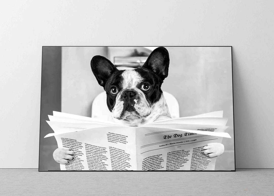 Frenchie Reading on Toilet Print, Black and White Pet Dog Funny ...