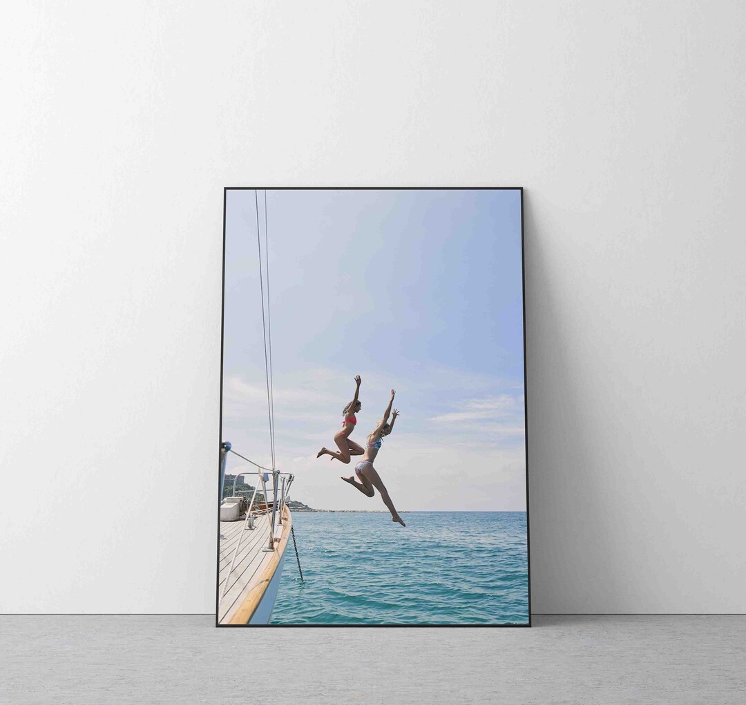 Girl Friends Jumping Into Ocean Poster Print, Black and White Vintage ...