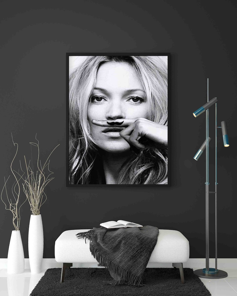 Kate Moss Poster Print, Black and White Moustache Finger Fashion ...