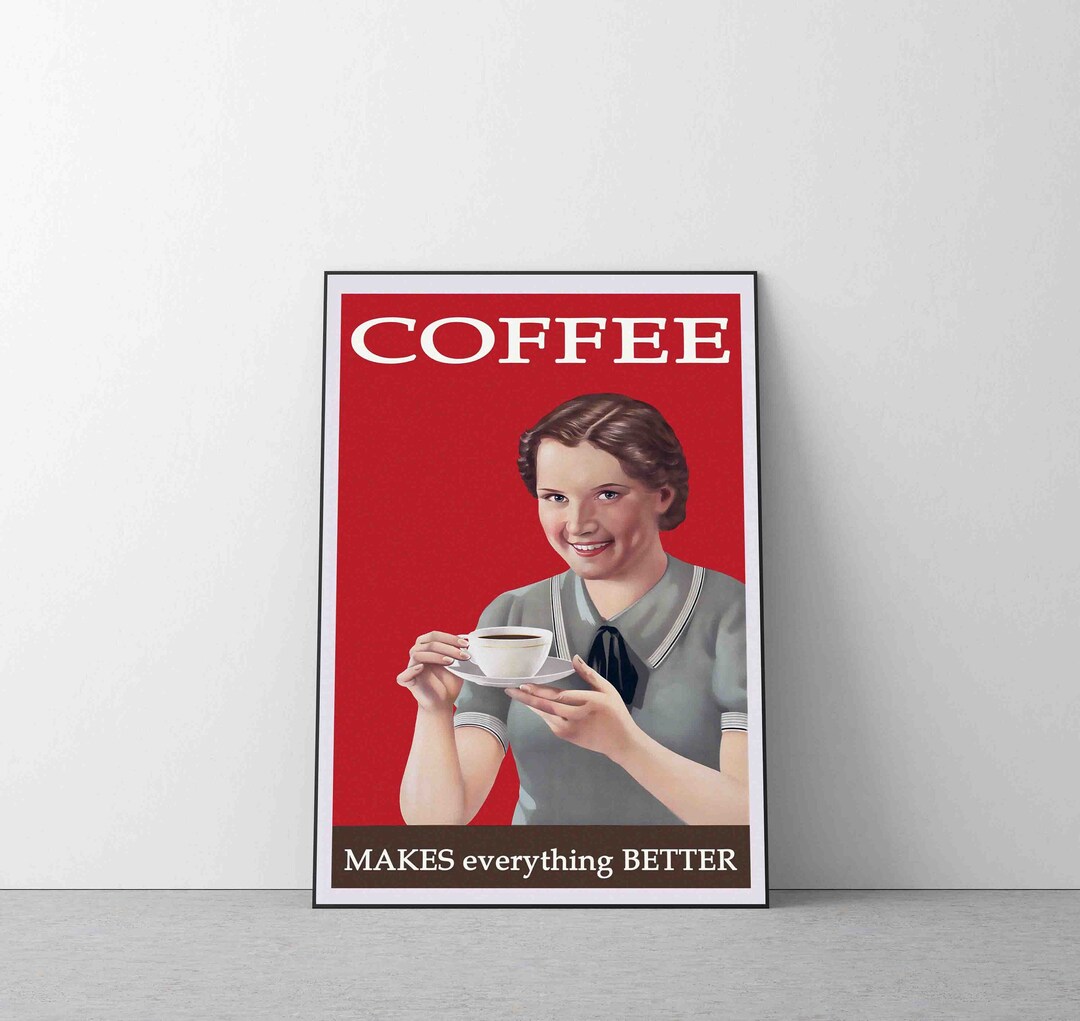 Vintage Woman Drinking Coffee Poster, Old Advertising Print, Kitchen ...
