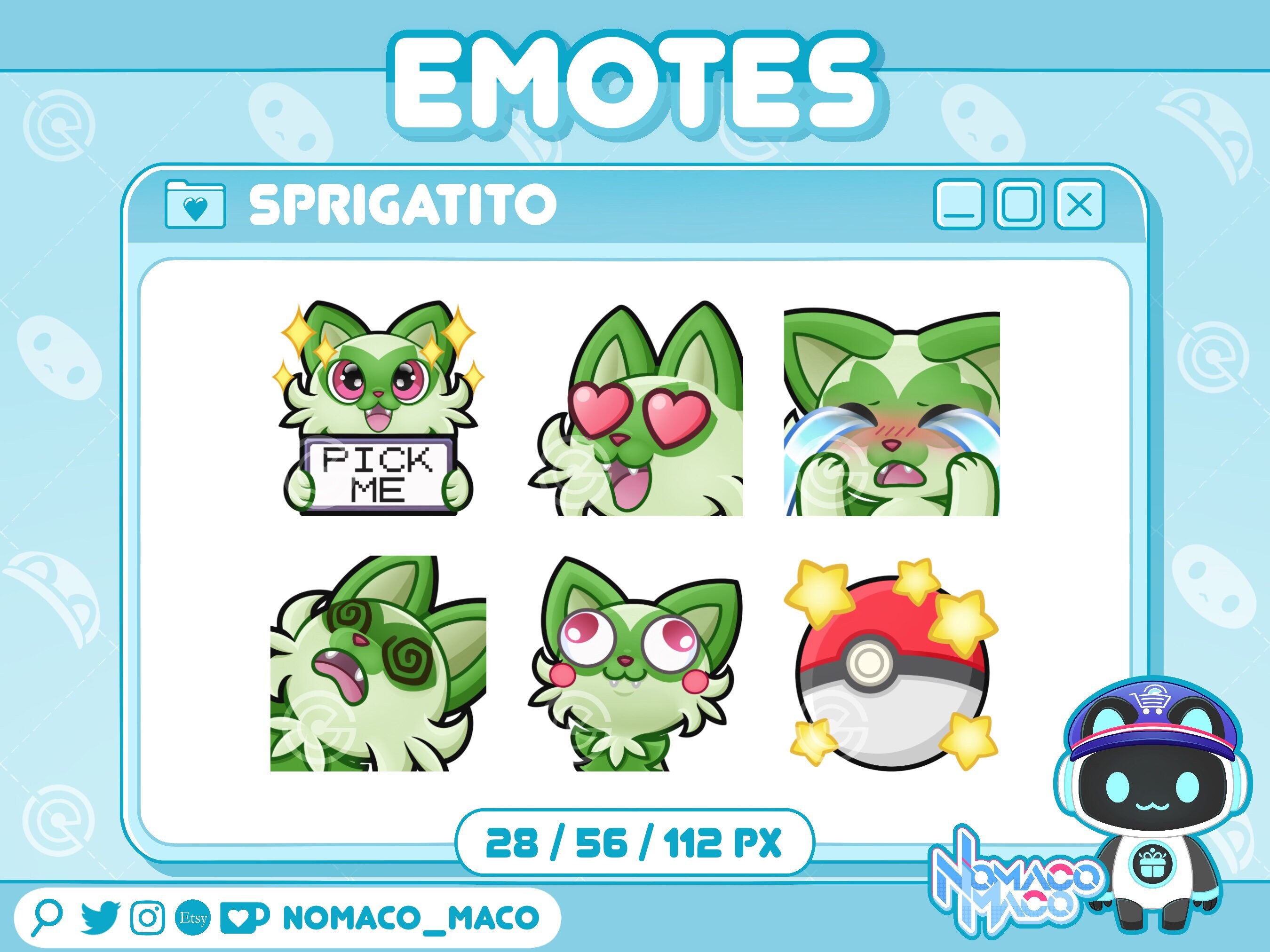 Pokemon Scarlet and Violet SPRIGATITO SET of 6 EMOTES, Pick Me, Heart ...