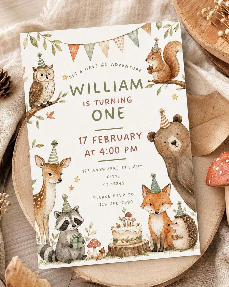 Wild One Woodland First Birthday Invitation, Forest Animal 1st Birthday ...