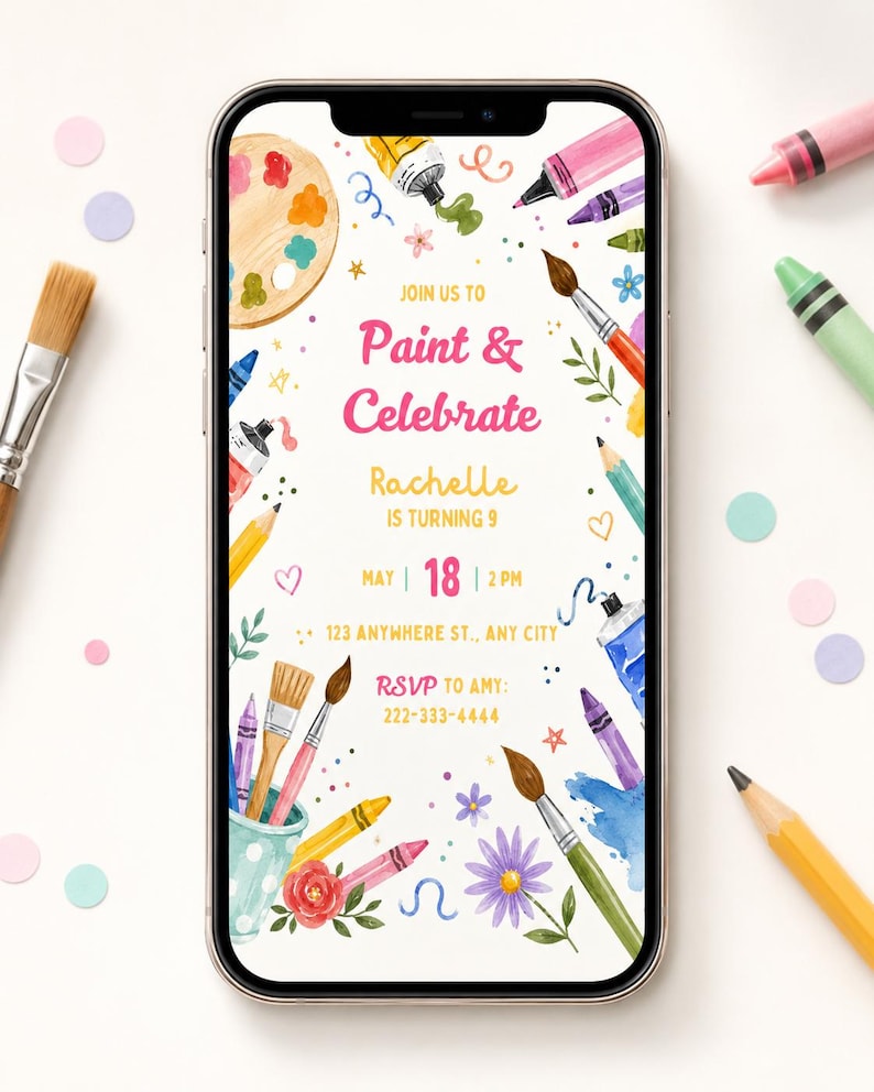 Paint Party Birthday Invitation, Kids Art Party Canva Template ...