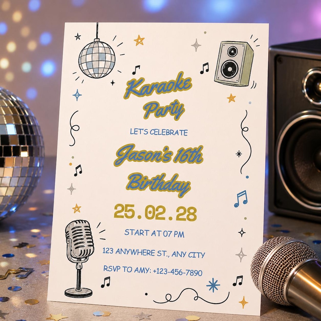 Karaoke Birthday Invitation Template, Teen Sweet 16 Music Party Invite ...