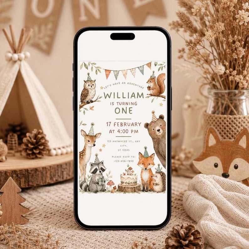 Wild One Woodland First Birthday Invitation, Forest Animal 1st Birthday ...