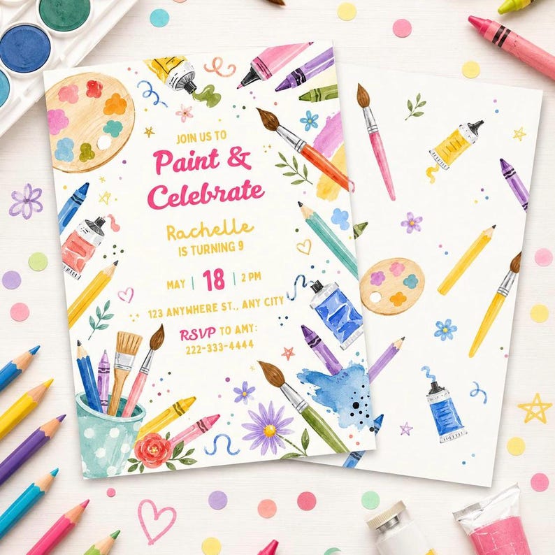 Paint Party Birthday Invitation, Kids Art Party Canva Template ...