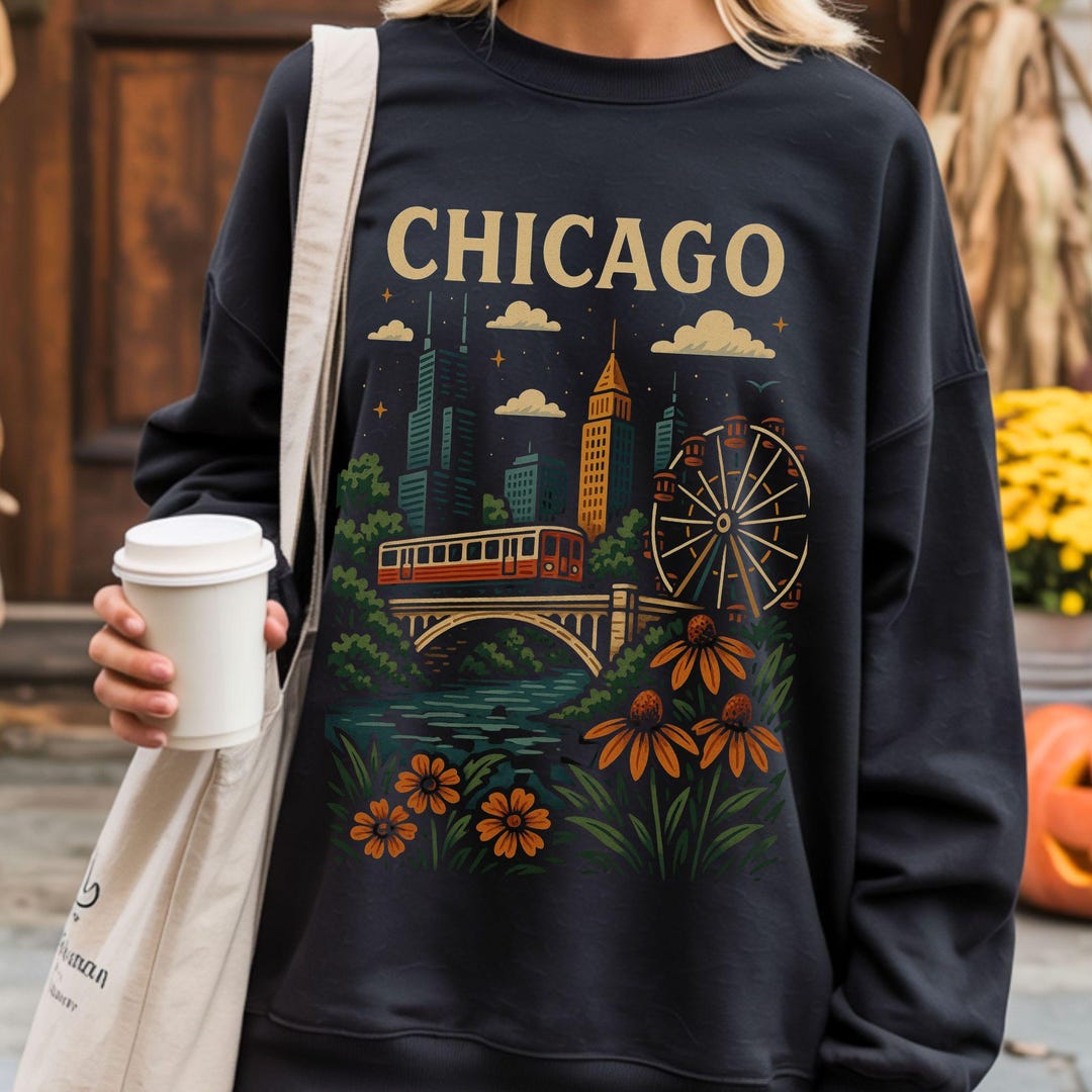 Chicago Crewneck Sweatshirt | Retro Ferris Wheel, Train, Floral, City ...