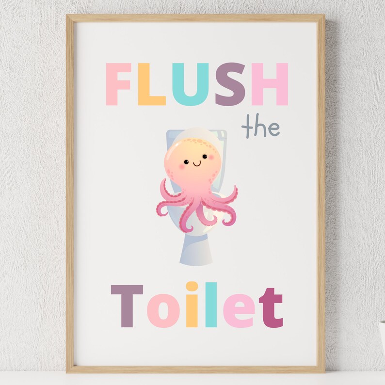 Kids Bathroom Pink Art Set Brush Teeth Flush Toilet Wash Hands Take ...