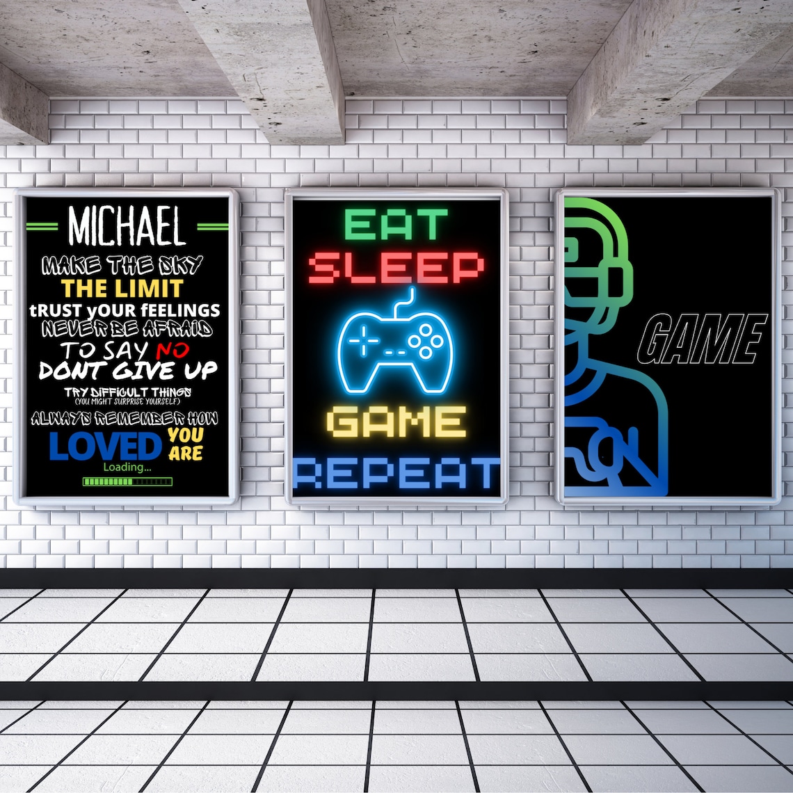 Neon Personalized Gamer Wall Art With Motivating Words Digital Download ...
