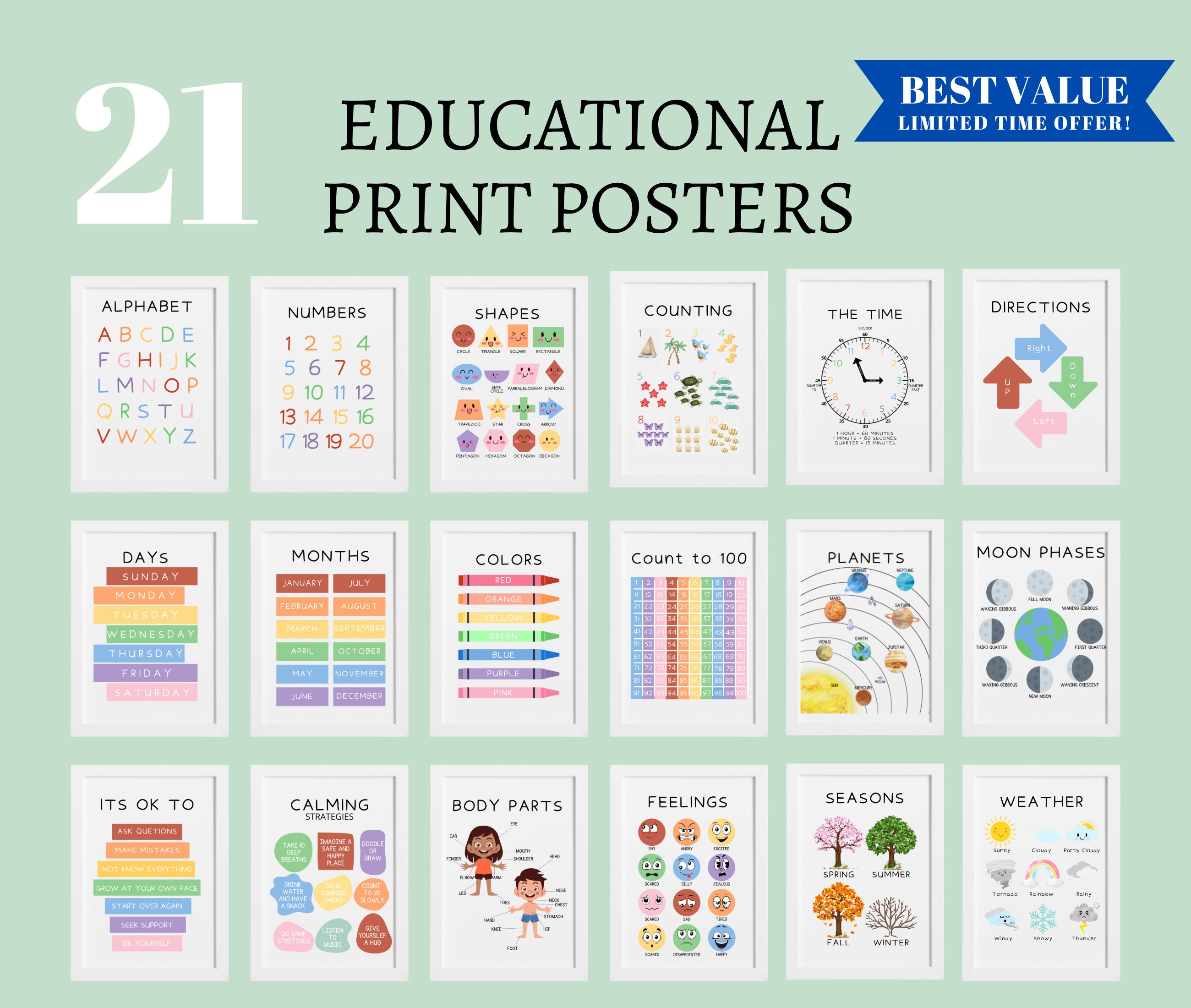 Set of 21 Kids Educational Posters Learning and Decor Digital Download ...