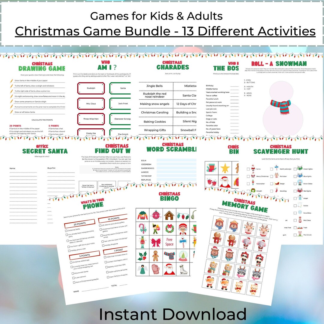 Christmas Game Bundle, Printable Family Games, Virtual Party Games ...