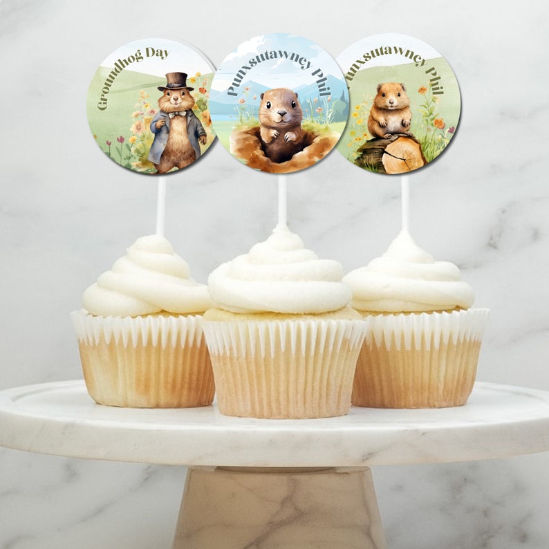 Groundhog Day Cupcake Toppers, Punxsutawney Phil, Groundhog Party Decor ...