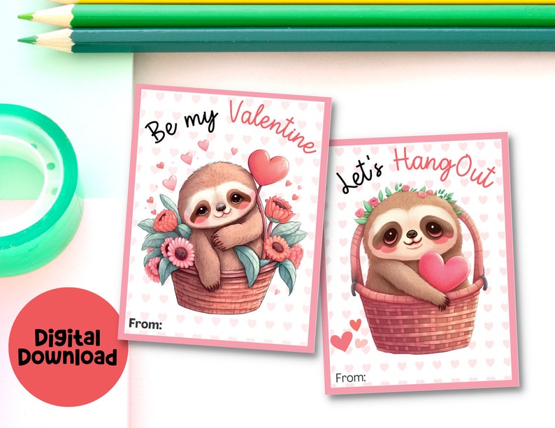Watercolor Sloth Valentines / Printable Valentine / Sloth Valentine ...