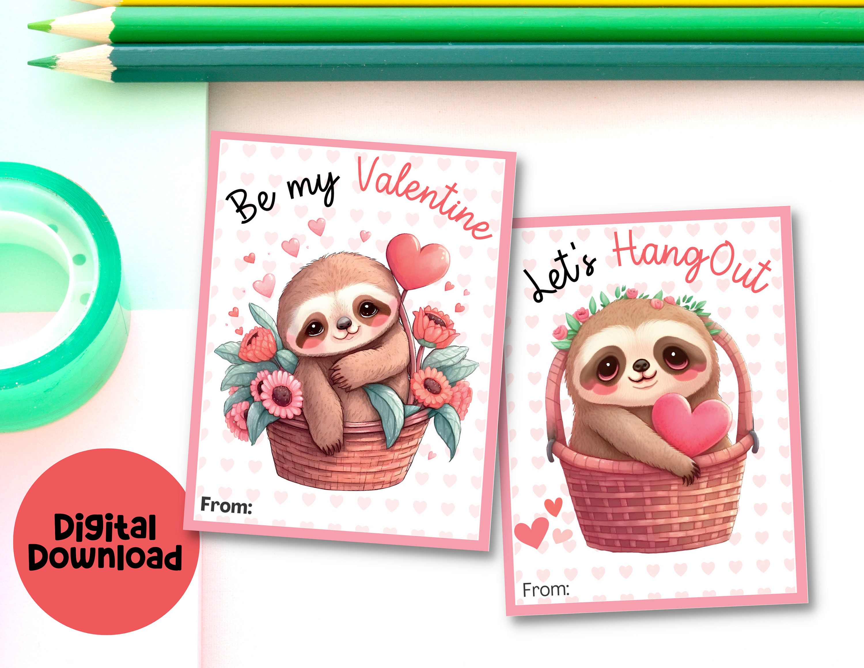 Watercolor Sloth Valentines / Printable Valentine / Sloth Valentine ...