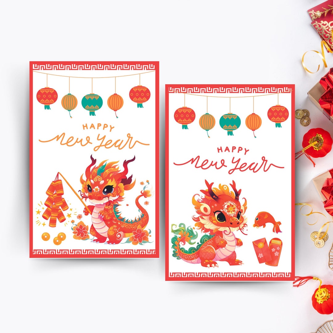 2024 Year of the Dragon Chinese New Year Card, 4x6 Printable Chinese ...