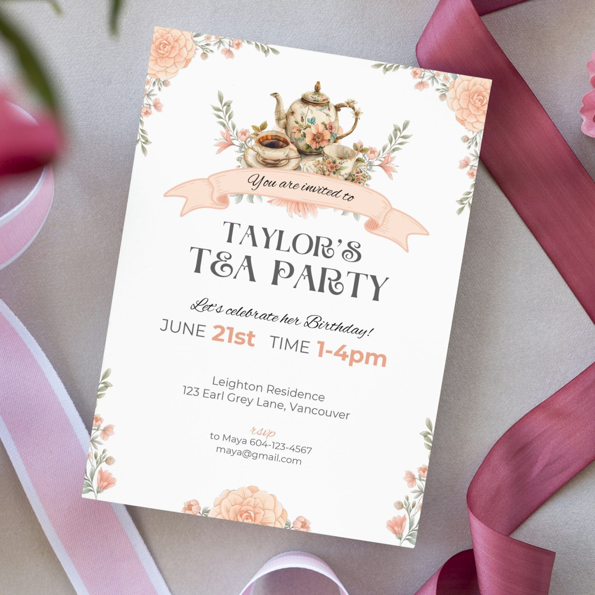 EDITABLE Tea Party Birthday Invitation, Blush Pink Par-tea Invite ...