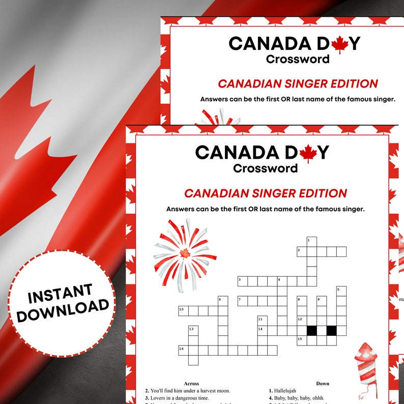 Canada Day Crossword Puzzle Printable Game Singer Crossword - Etsy
