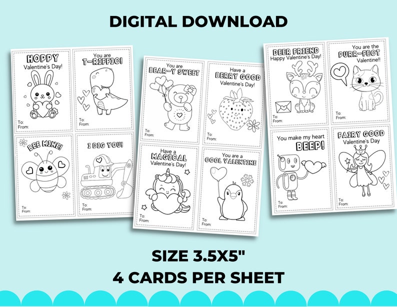 Valentine Coloring Cards / Classroom Valentine Cards / Kid Valentine ...