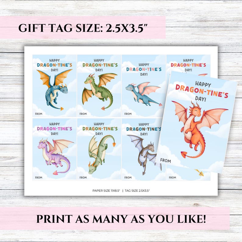 Printable Dragon Valentine's Day Cards for Kids, Treat Gift Tag, Favor ...