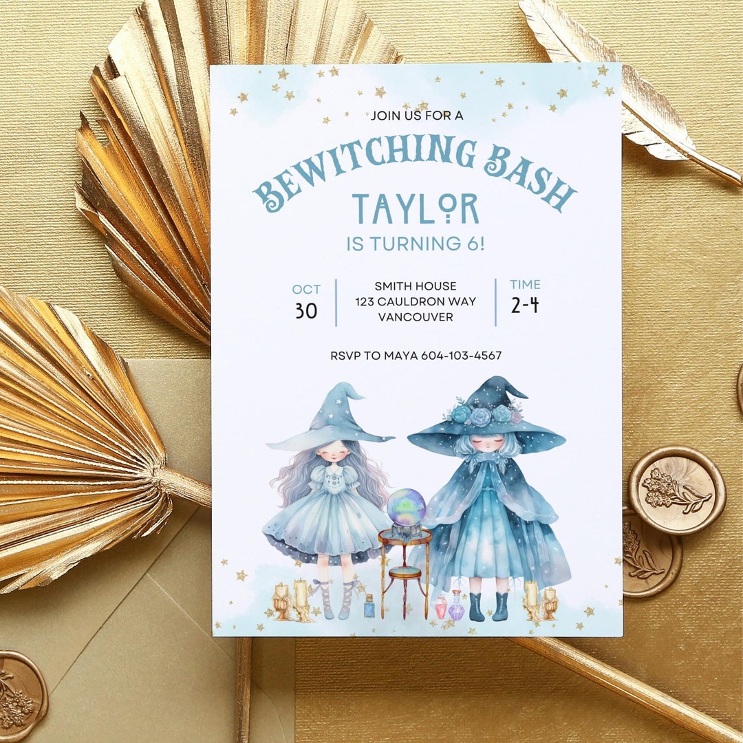 Cute Witch Invitation, Blue Halloween Birthday Costume Party Invite ...