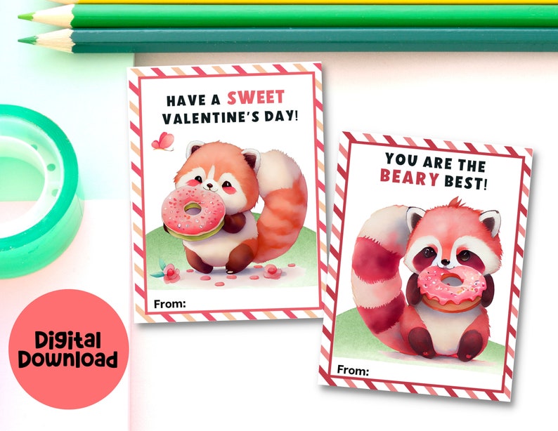 Red Panda Valentine Printable / Panda Valentine Cards / Donut ...