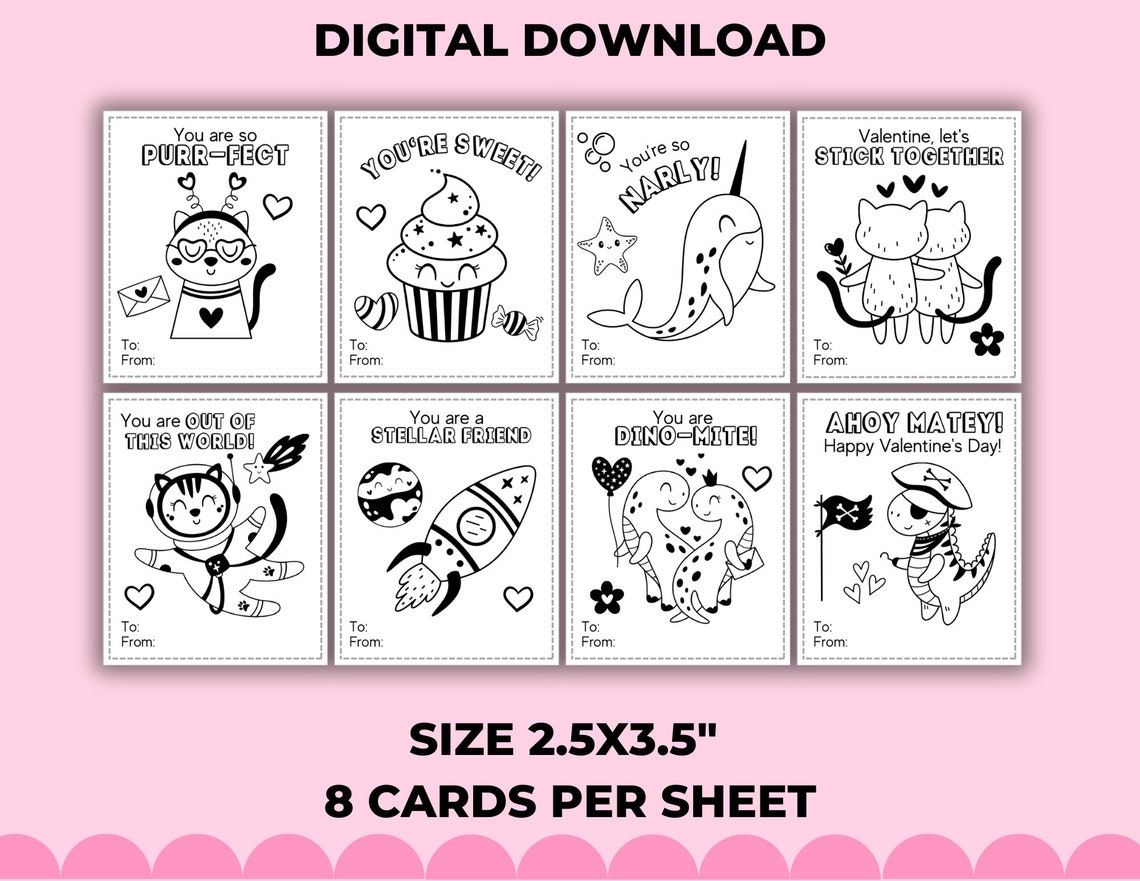 Valentine Coloring Cards, Classroom Valentine Cards, Kid Valentine Card ...