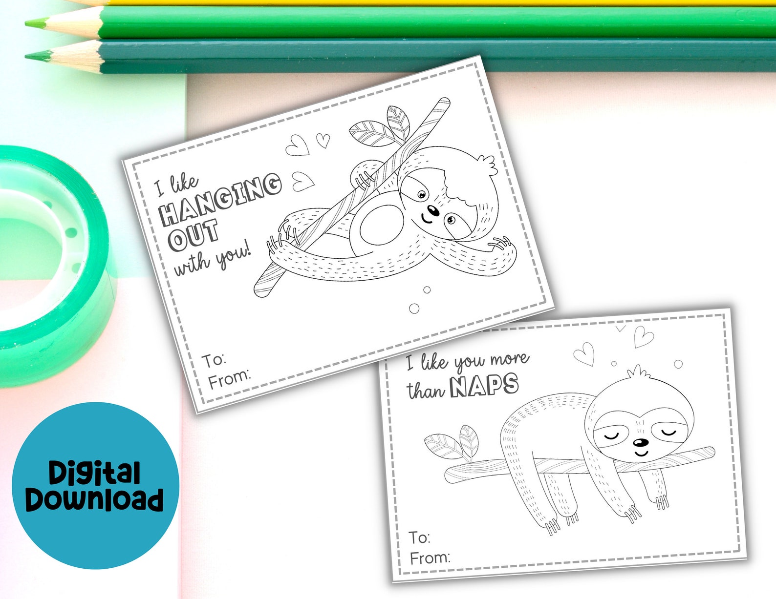 Sloth Valentines / Coloring Pages / Printable Valentine / Sloth ...