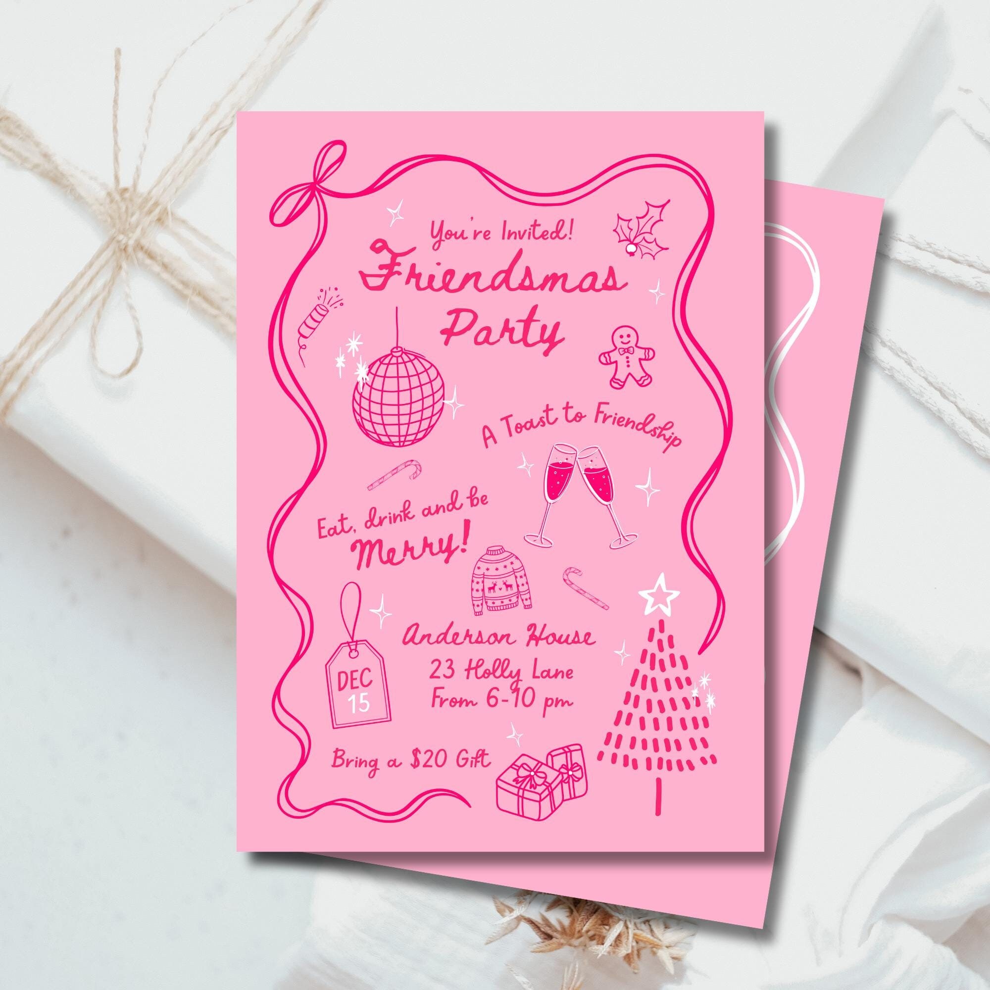 Friendsmas Christmas Party Invitation, Pink Friendsmas Party Invite ...