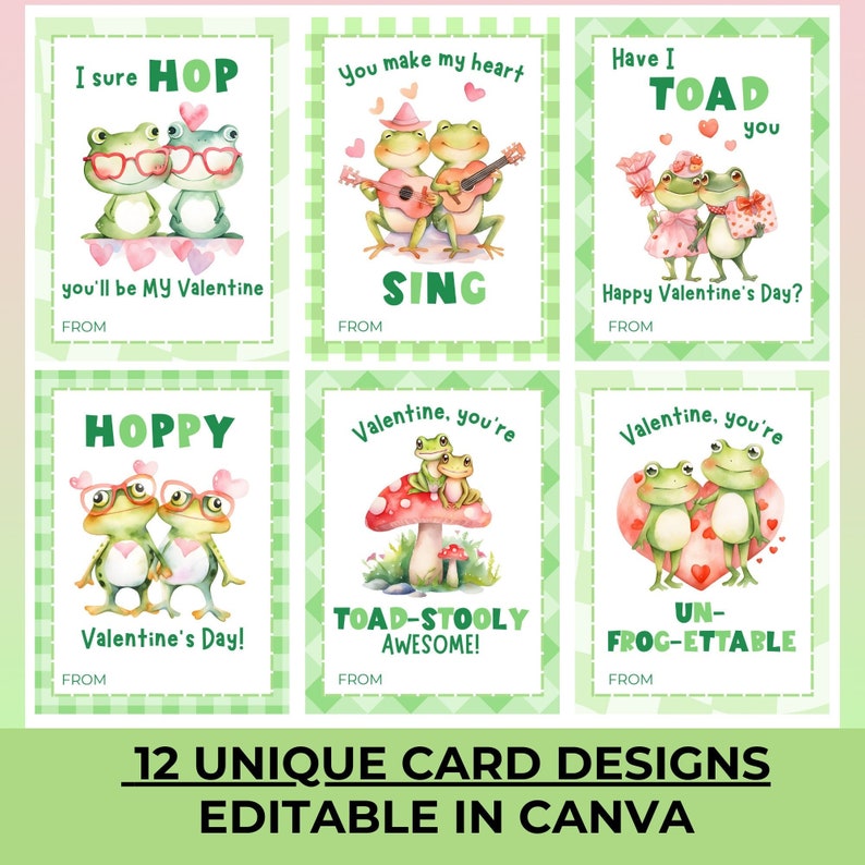 EDITABLE Frog Valentine's Day Cards SET, 12 Printable Valentines, Hoppy ...