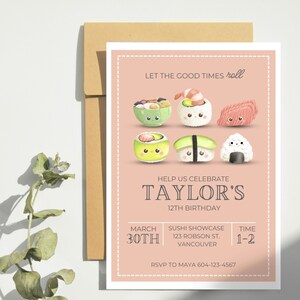 EDITABLE Sushi Birthday Invite, Japanese Party, Wasabi,kawaii Sushi ...