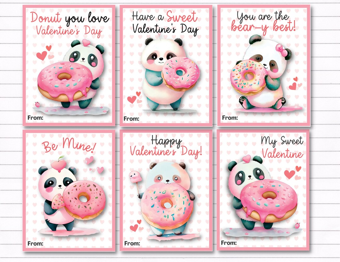 Panda Valentine Printable / Panda Valentine Cards / Donut Valentines ...