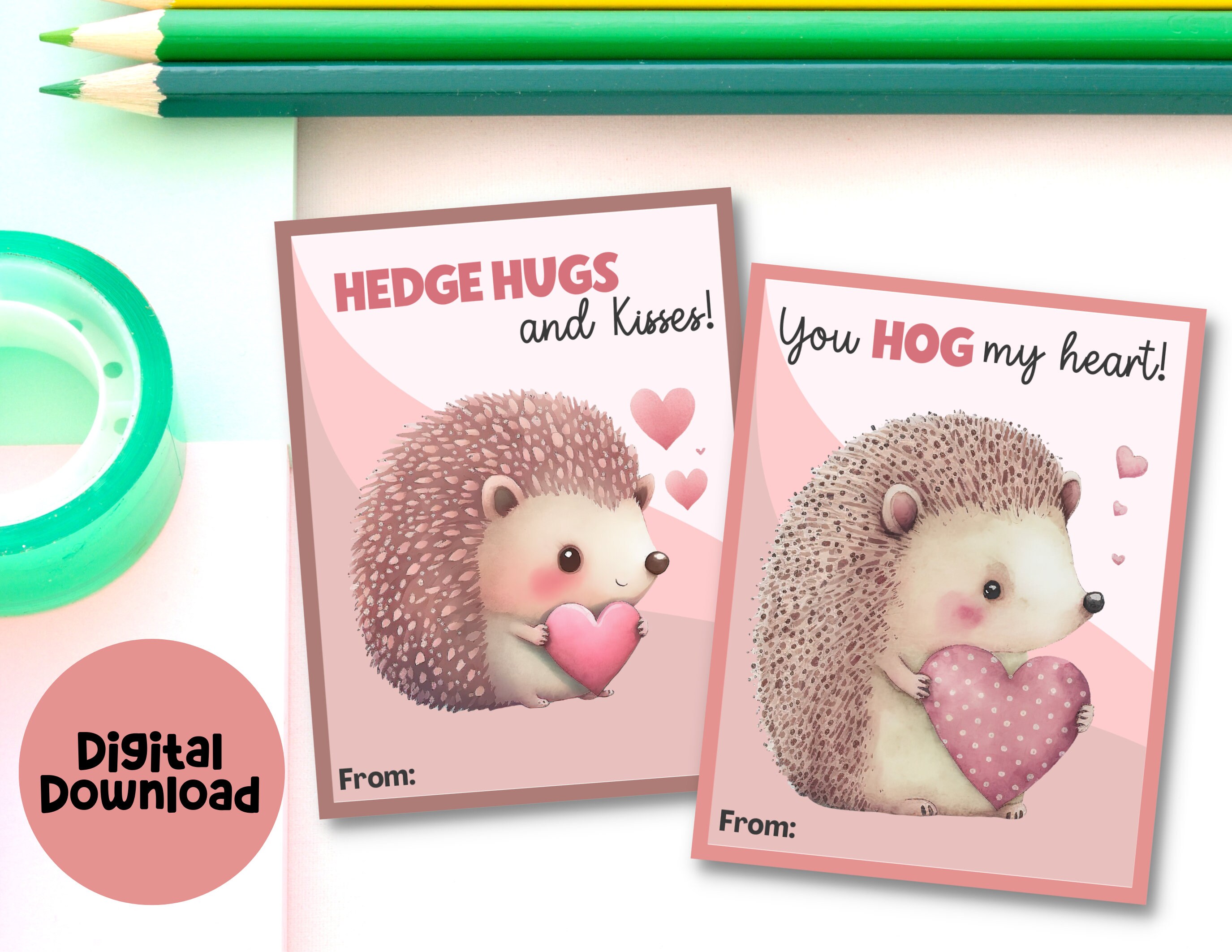 Watercolor Hedgehog Valentines / Printable Valentine / - Etsy