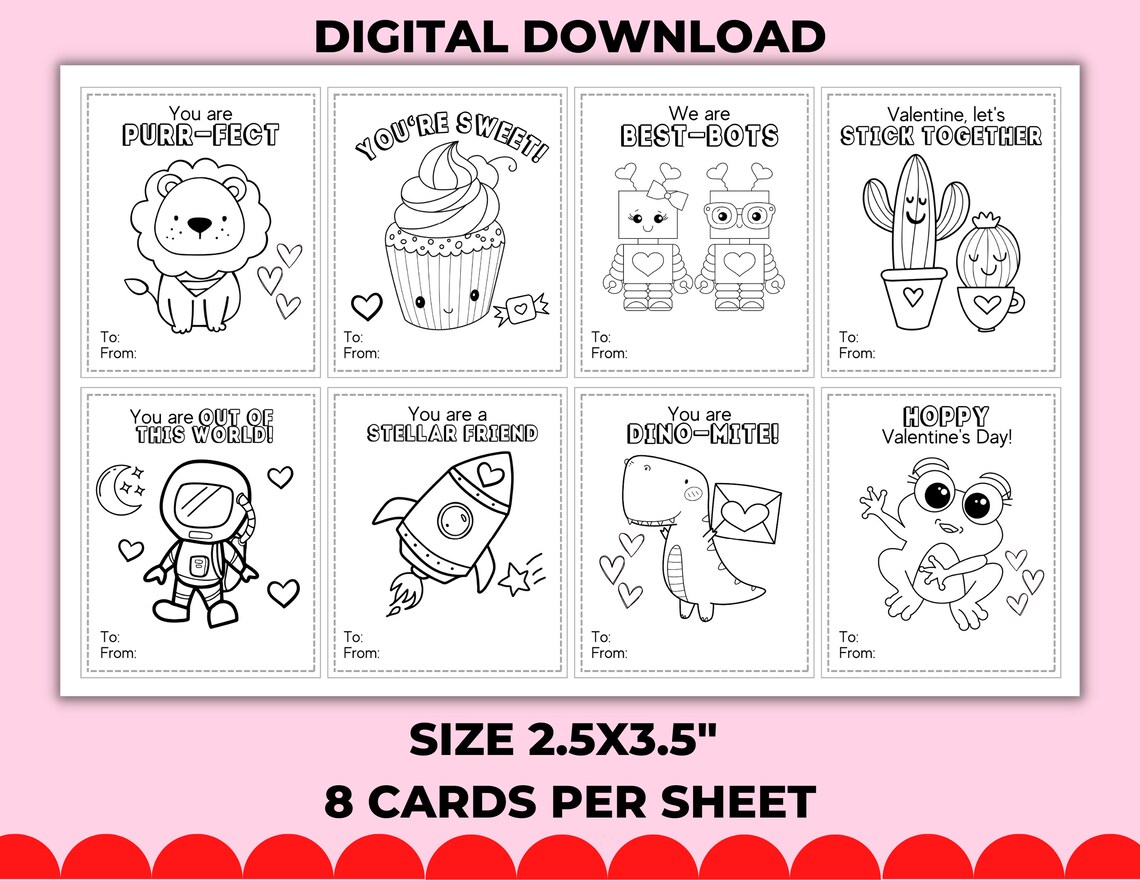 Valentine Coloring Cards / Classroom Valentine Cards / Kid - Etsy