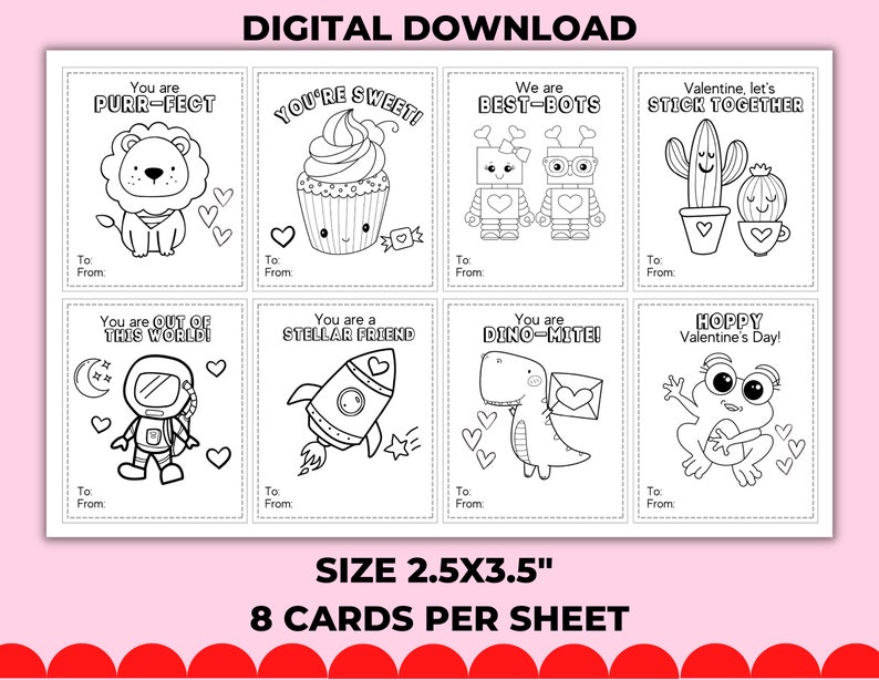 Valentine Coloring Cards / Classroom Valentine Cards / Kid Valentine ...