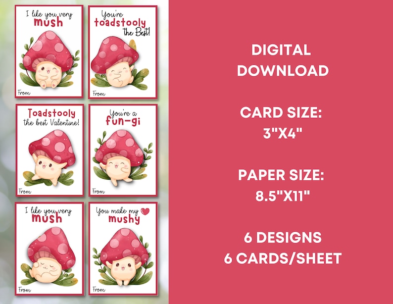 Mushroom Valentine / Printable PDF / Valentines Cards / Cards ...