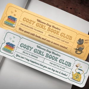 Cozy Girl Book Club Bookmark, Cozy Book Club, Bookmark Ticket, Bookish ...