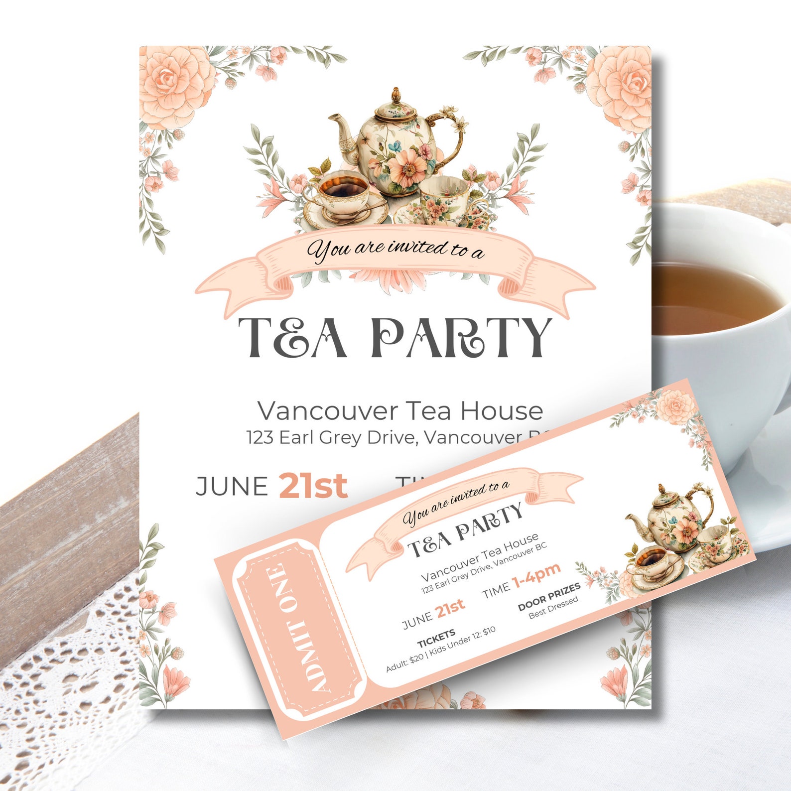 EDITABLE Tea Party Event Ticket, High Tea Party Template, Tea Party ...