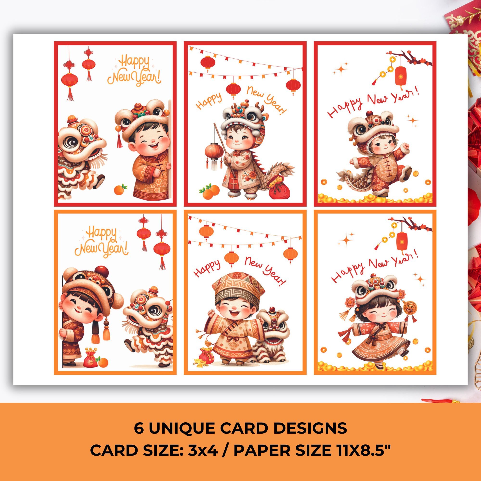 2024 Year of the Dragon Chinese New Year Card, 3X4 Printable Chinese ...