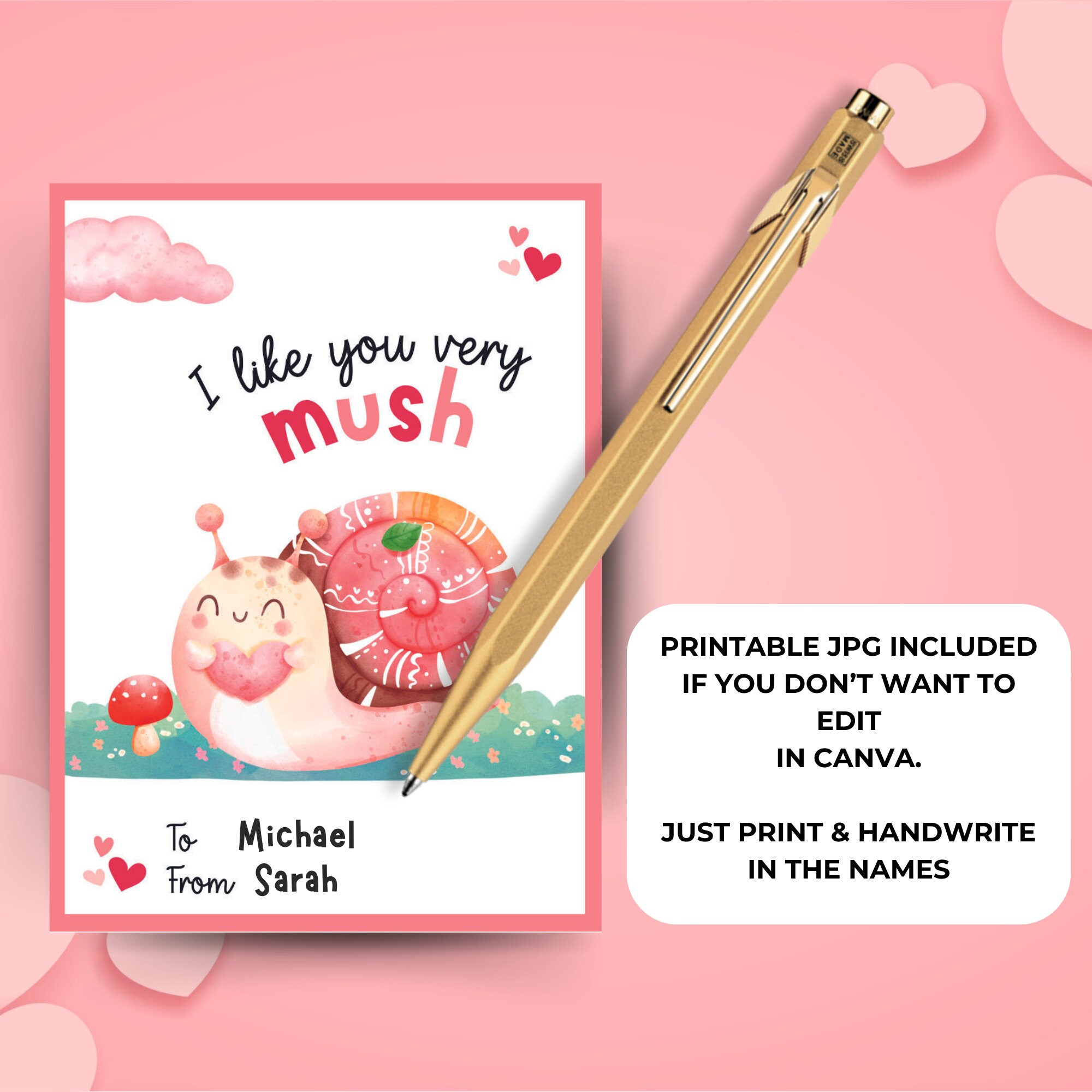 EDITABLE Snail Valentine Card, Mushroom Valentines, Printable Kids ...