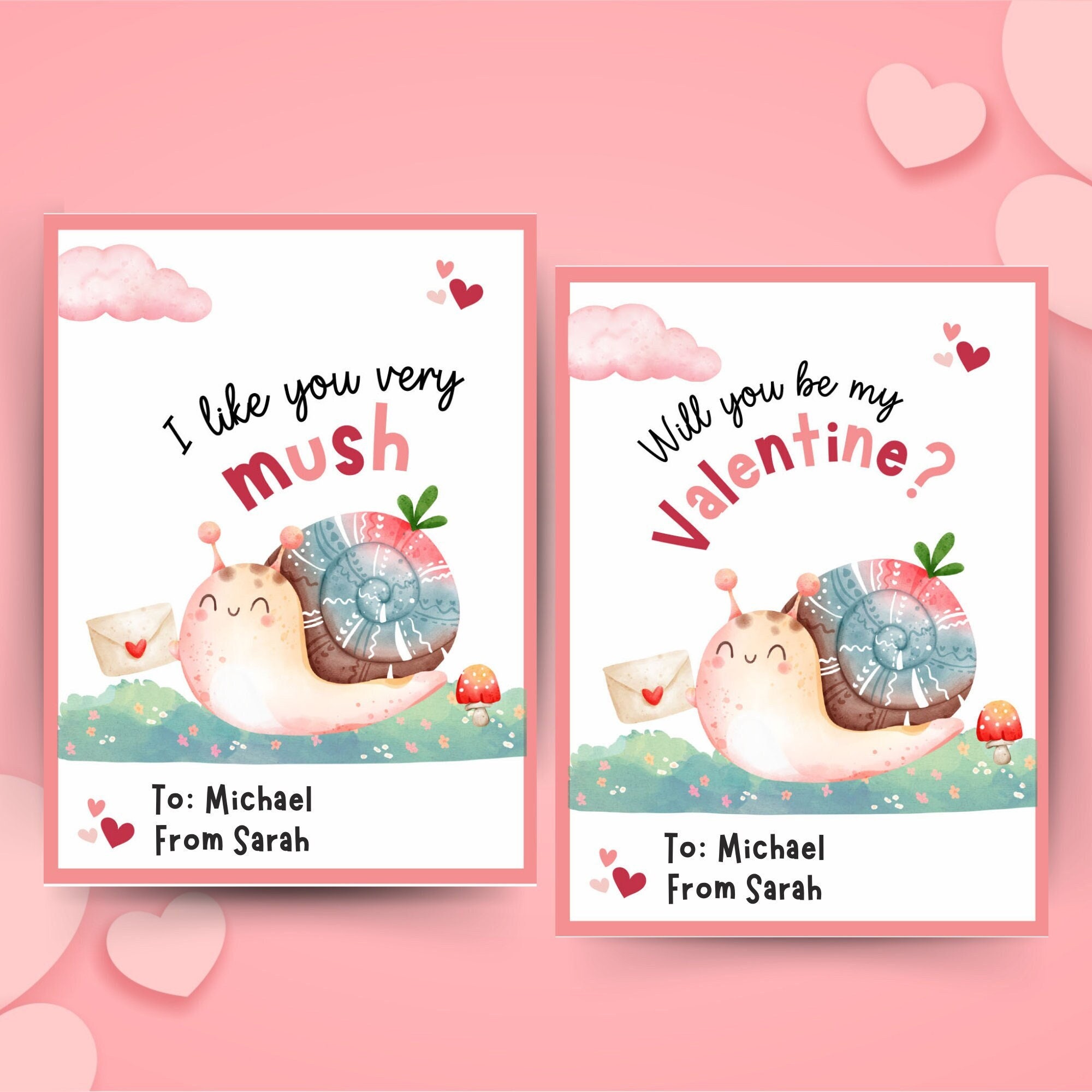 EDITABLE Snail Valentine Card, Mushroom Valentines, Printable Kids ...