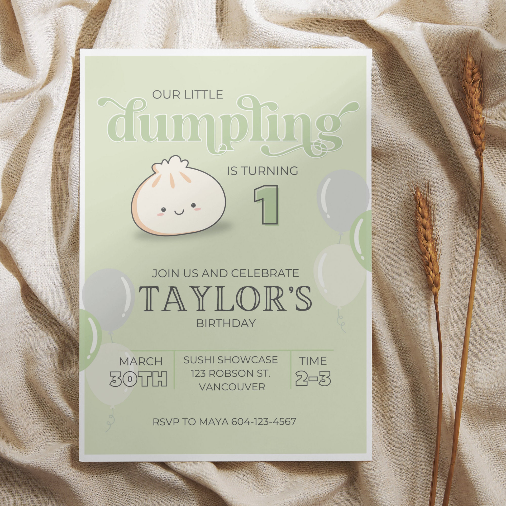 EDITABLE Cute Dumpling Birthday Invitation, First Birthday, Dumpling ...