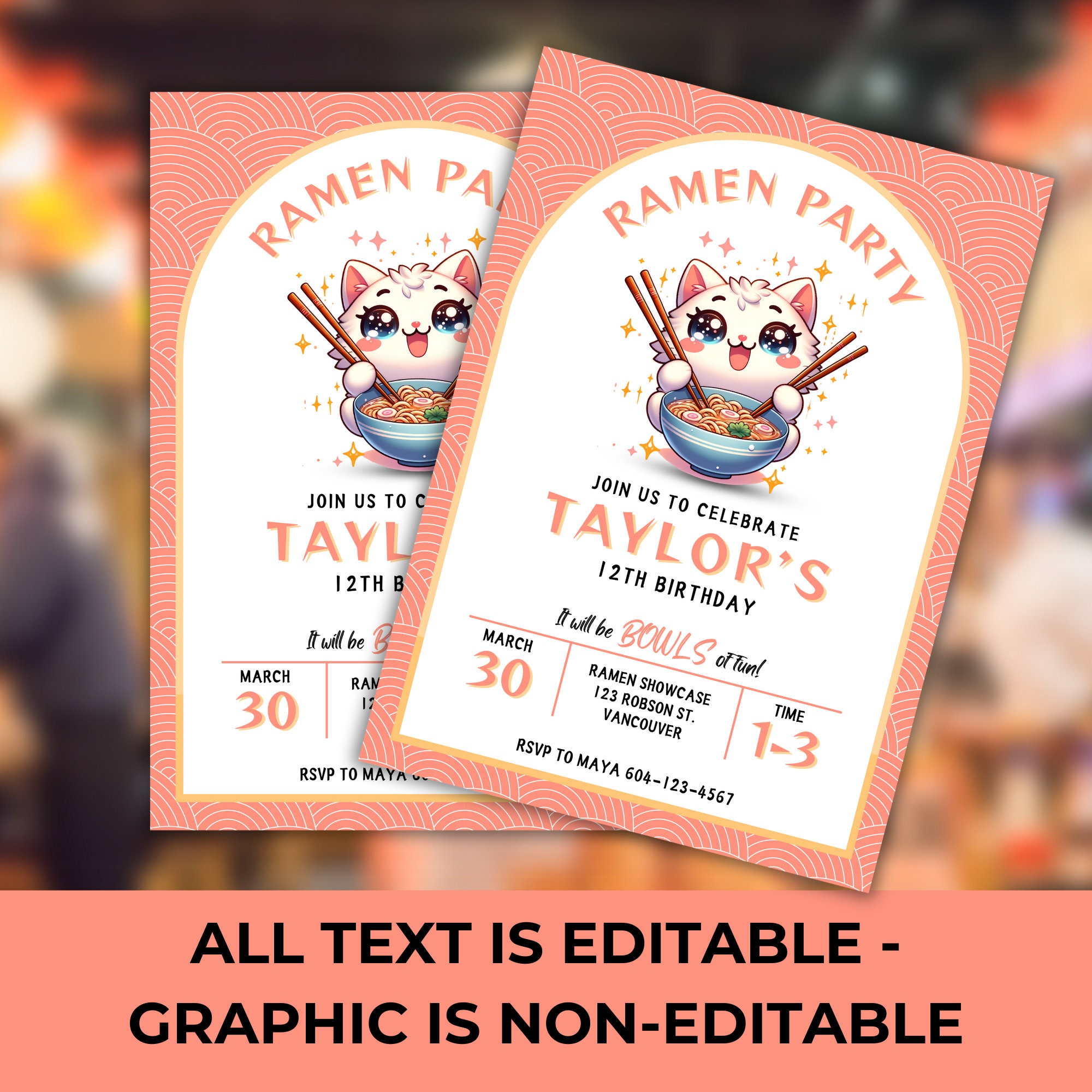 EDITABLE Cat Ramen Party Invitation, Japanese Party Invitation Template ...