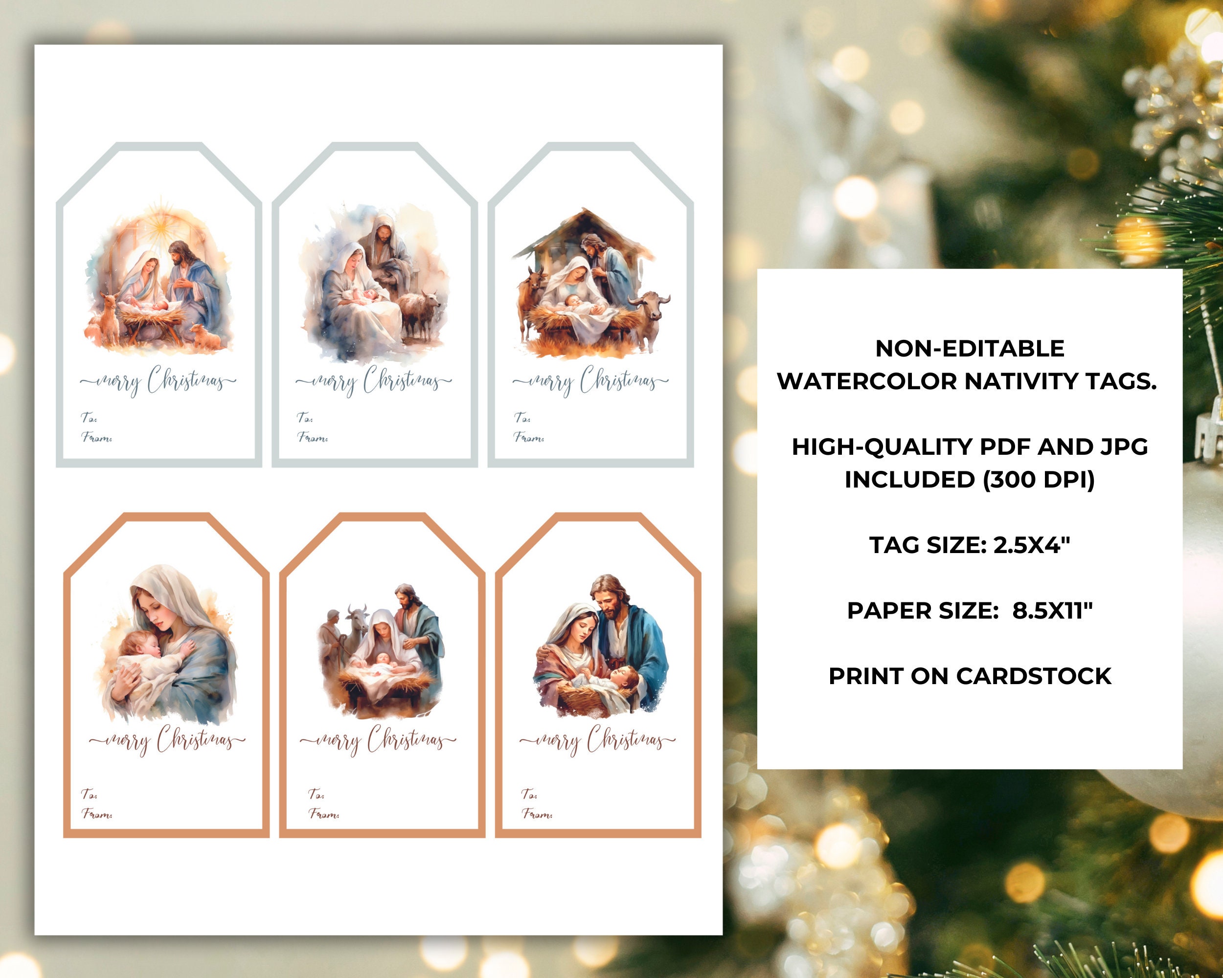 Watercolor Nativity Gift Tag, Christmas Printable Tags, Christmas Favor ...